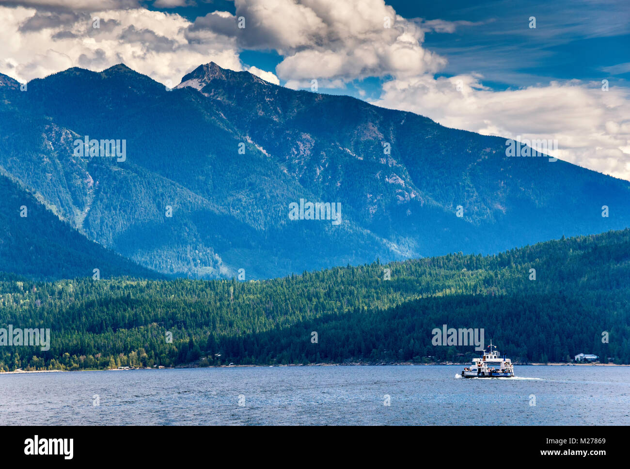 MV Balfour ferry, Purcell Mountains in distance, crossing Kootenay Lake ...