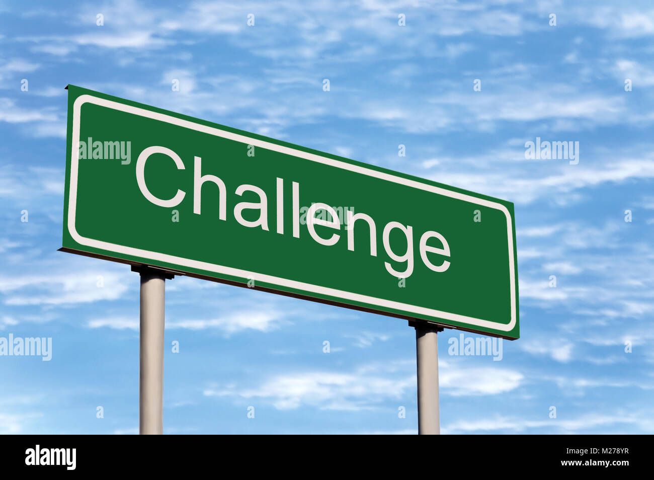 Challenge Road Sign Against Sky, Green Signpost Concept Stock Photo - Alamy