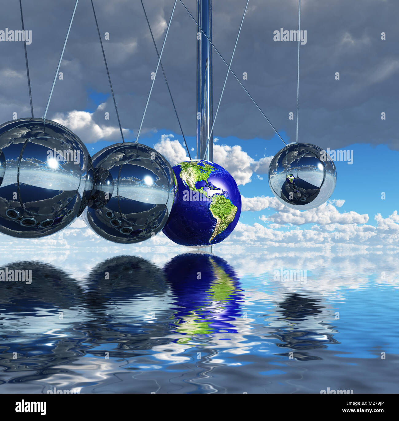 Surreal digital art. Newton's pendulum. One of the balls represents ...