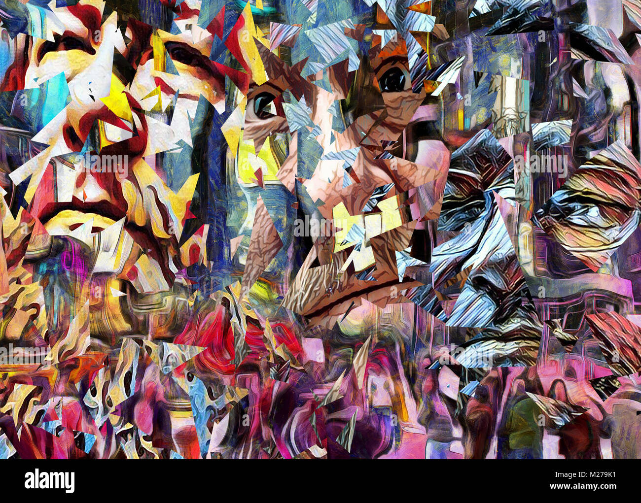 Complex abstract painting. Colorful mosaic elements and pieces of men's ...
