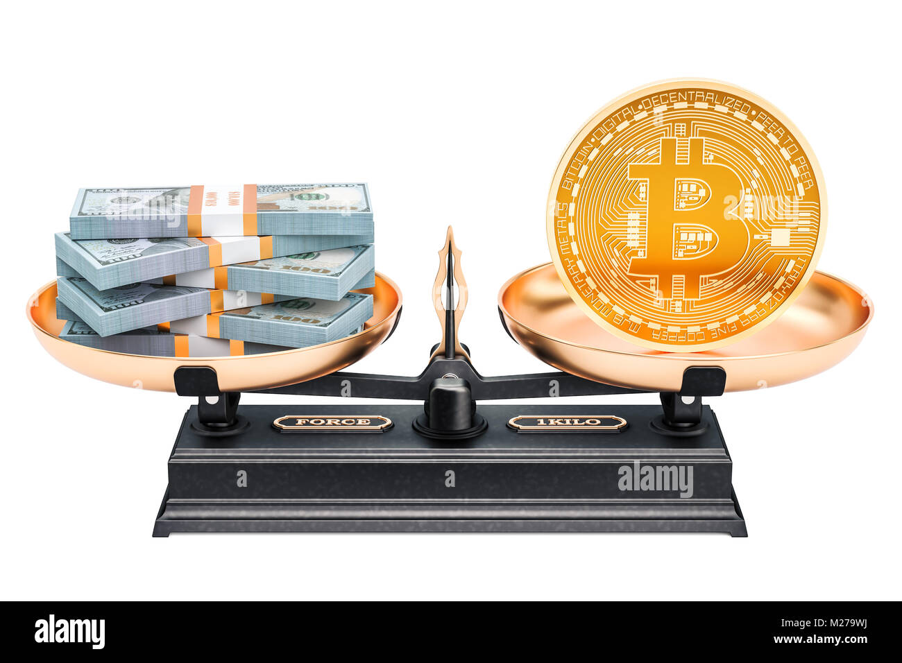 Balance concept, bitcoin and dollar. 3D rendering isolated on white ...