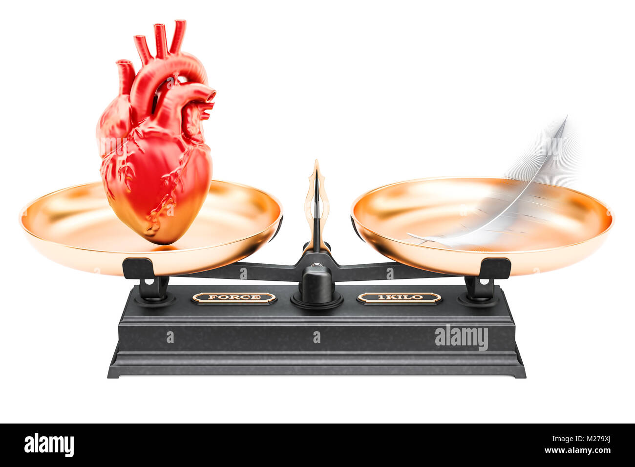 Balance concept, scales with heart and feather. 3D rendering isolated ...