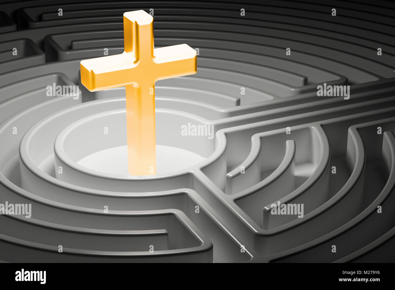 Christian cross at the center of a maze, way to religion concept. 3D ...