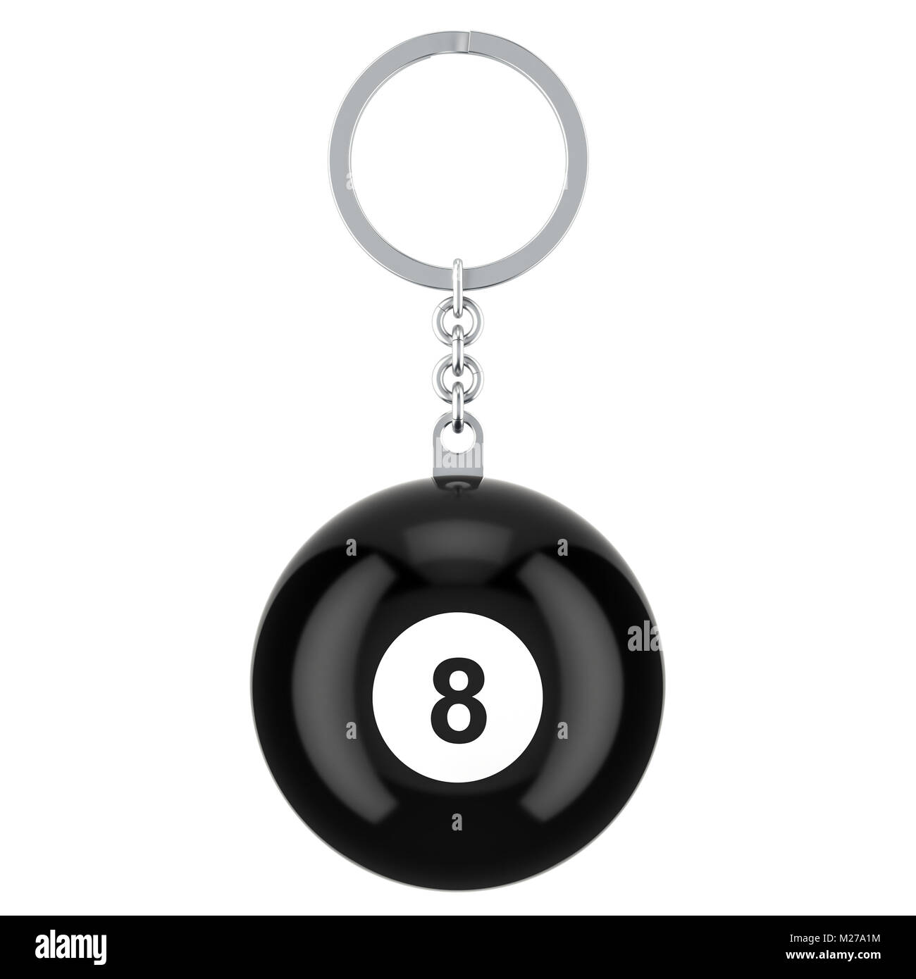 Keychain with billiard black eight ball, 3D rendering isolated on white ...