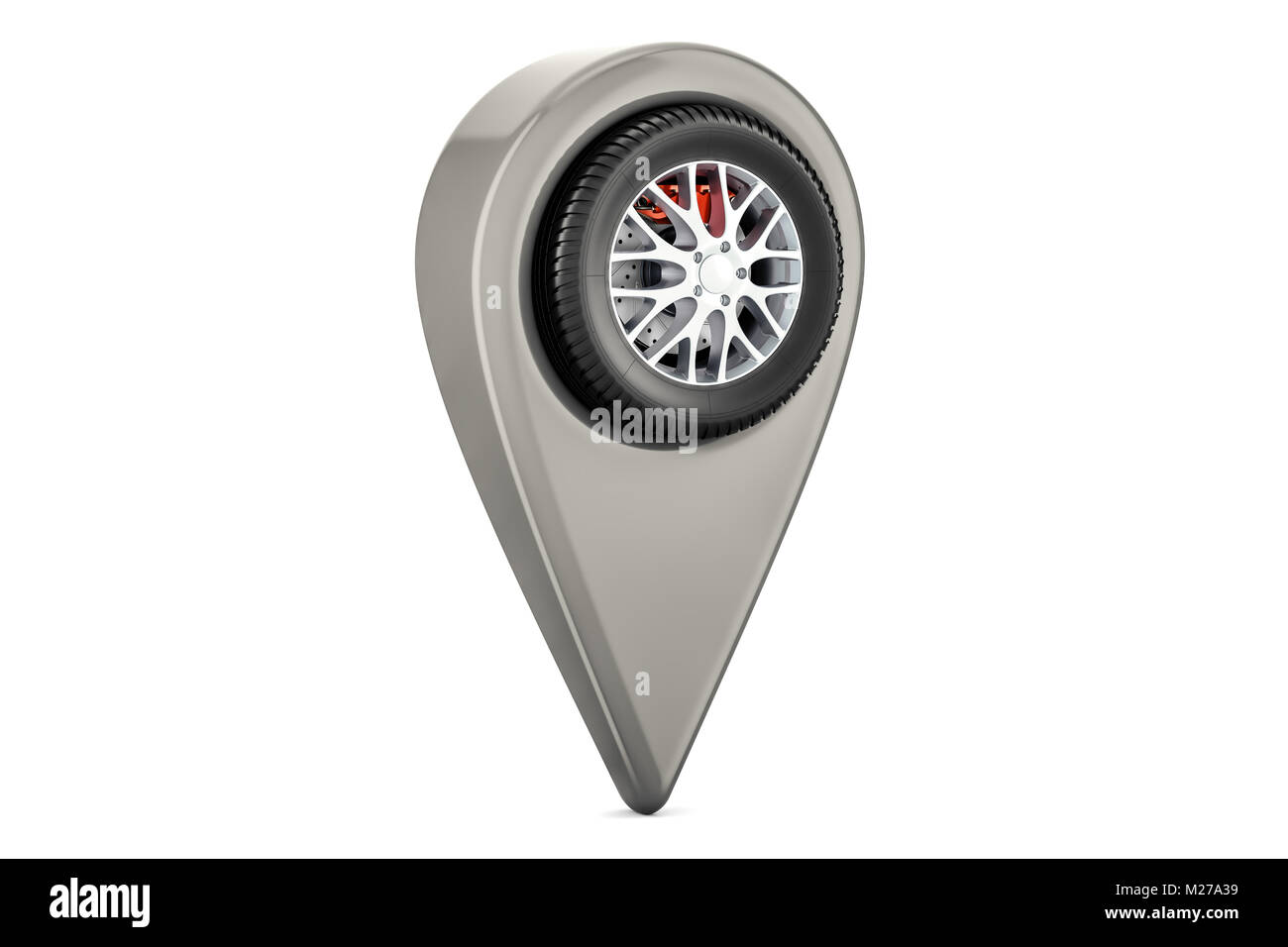 Map pointer with car wheel, service location concept. 3D rendering ...