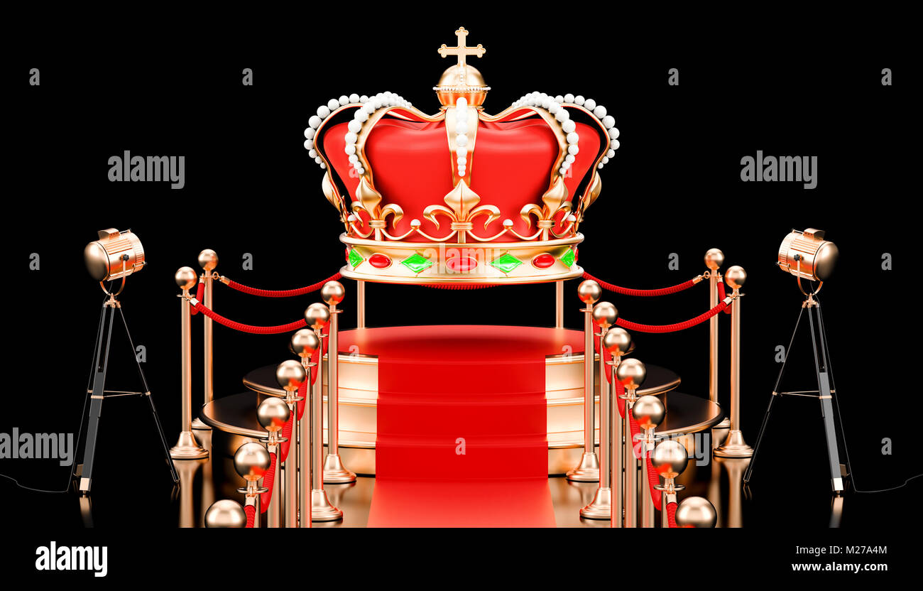 Podium with golden crown. Presentation of jewelry concept, 3D rendering ...