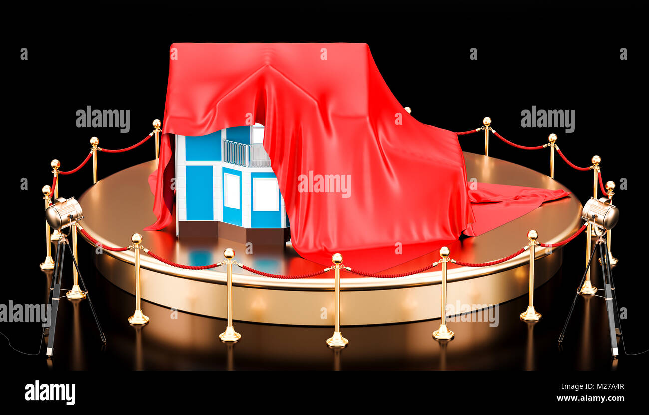 Podium with house covered red cloth. 3D rendering isolated on black ...