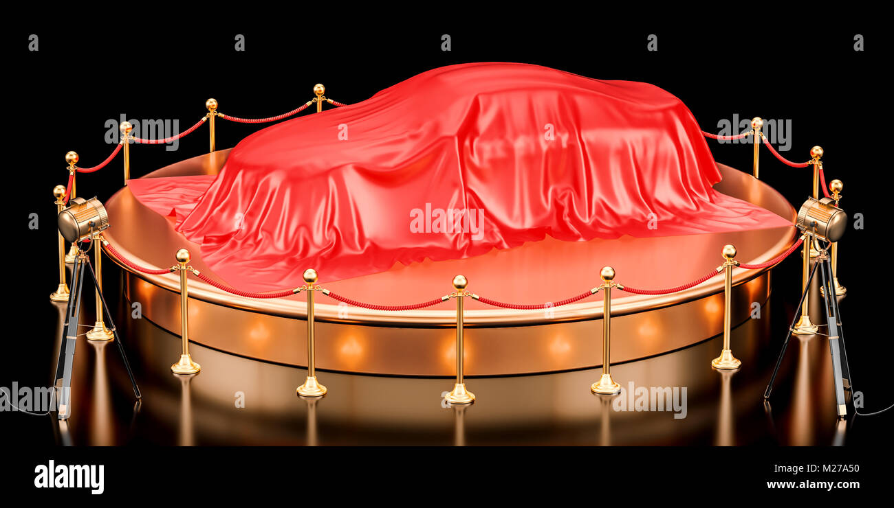 Presentation of car concept, podium with auto covered red cloth. 3D ...
