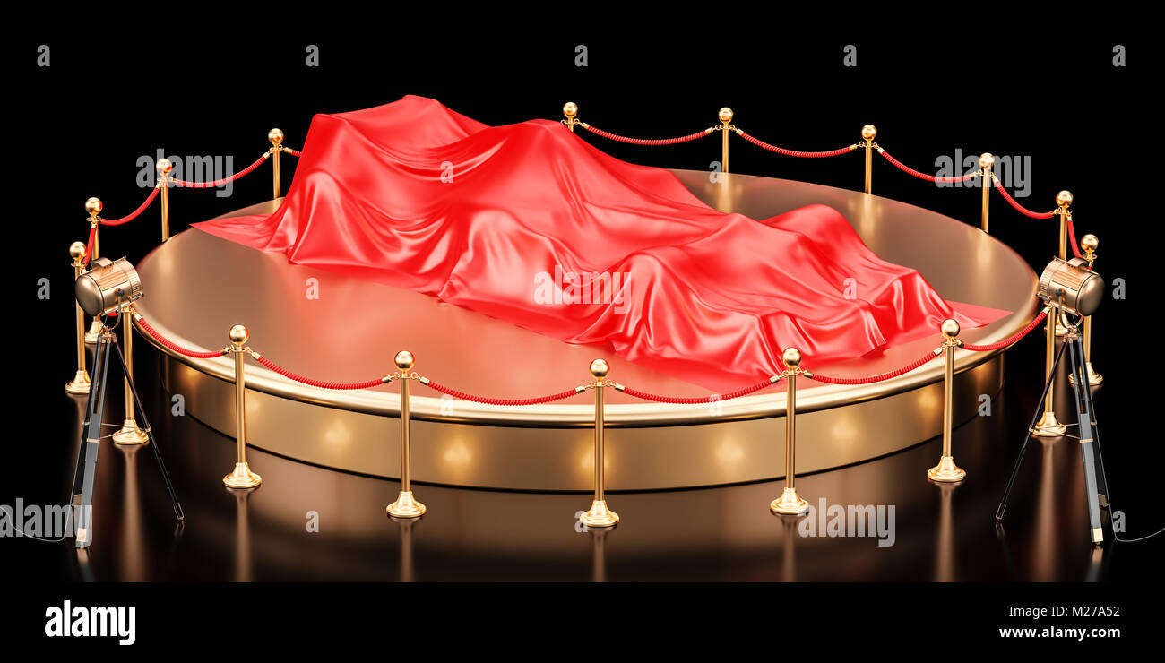 Presentation of racing car concept, podium with bolide covered red ...