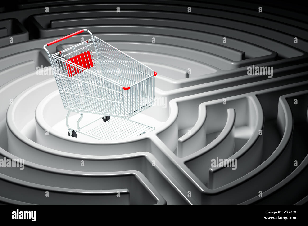 Shopping cart at center of dark maze, 3D rendering Stock Photo - Alamy