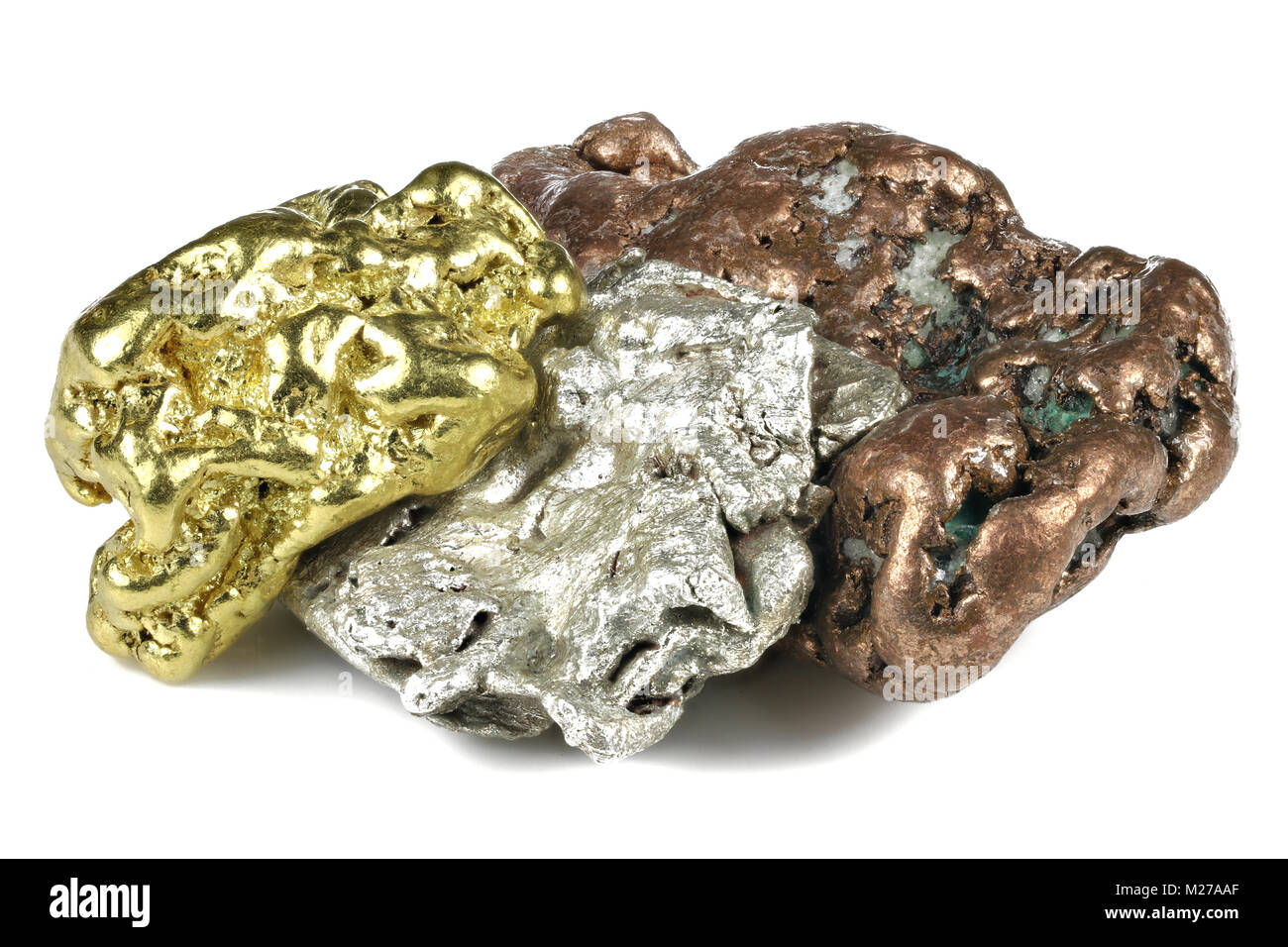native gold, silver and copper nuggets isolated on white background ...