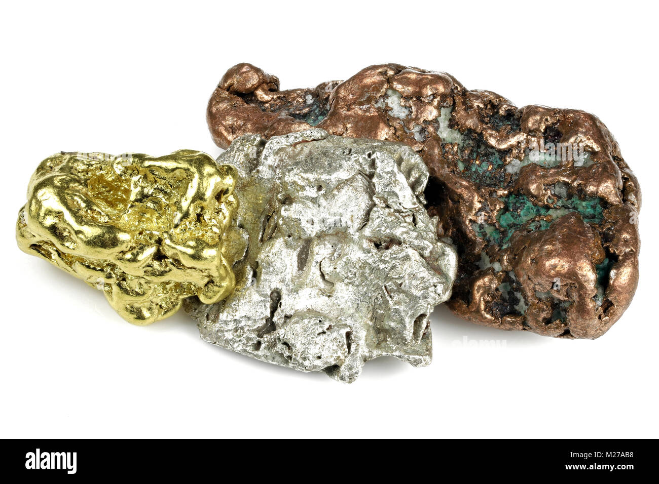native gold, silver and copper nuggets isolated on white background ...