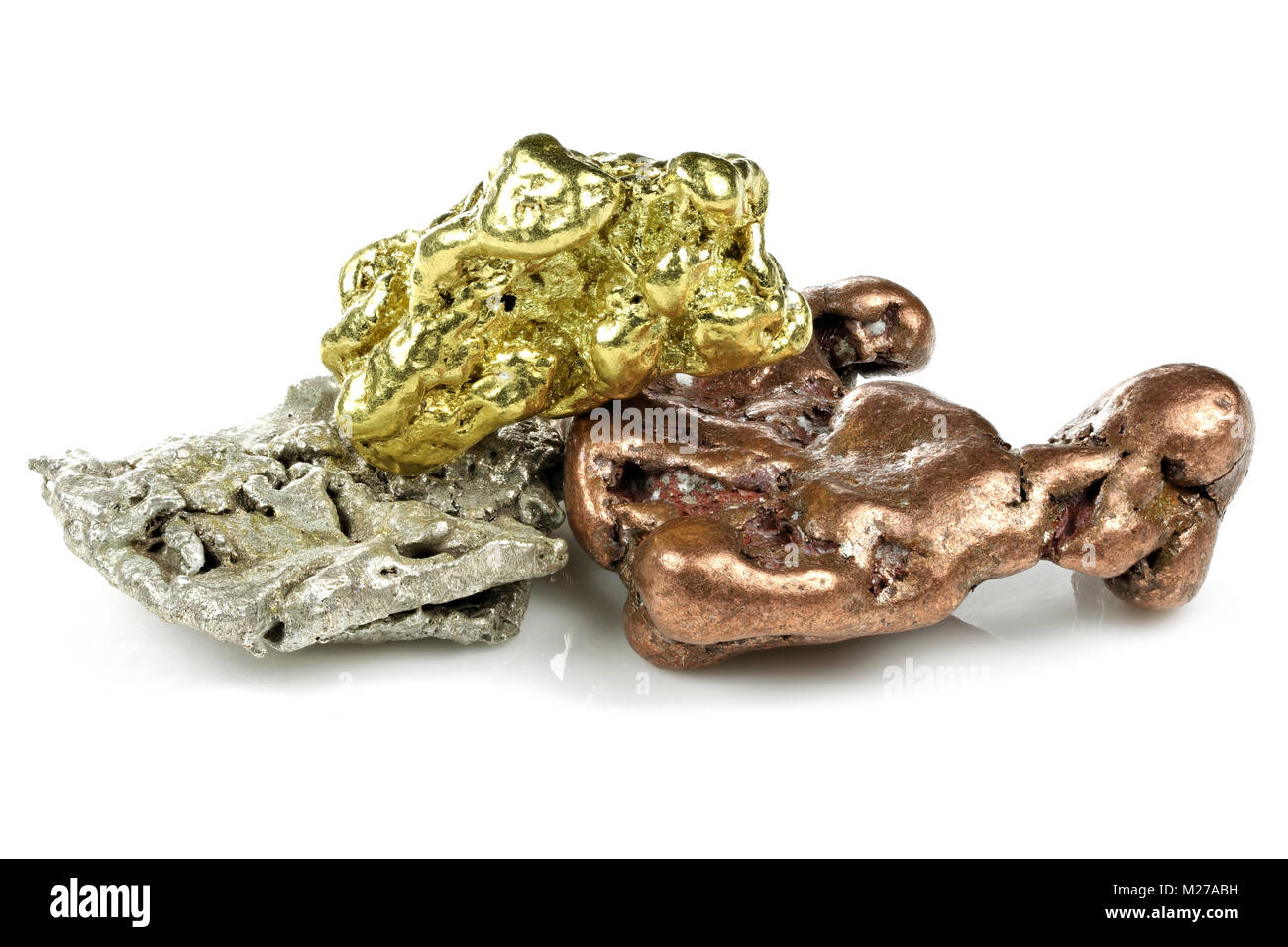native gold, silver and copper nuggets isolated on white background ...