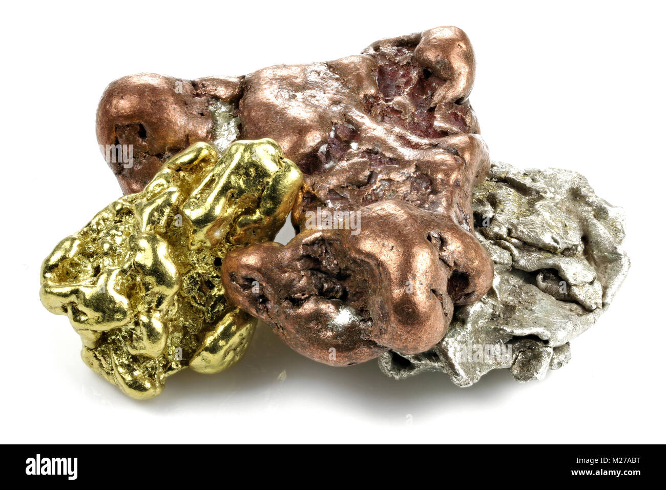 native gold, silver and copper nuggets isolated on white background ...