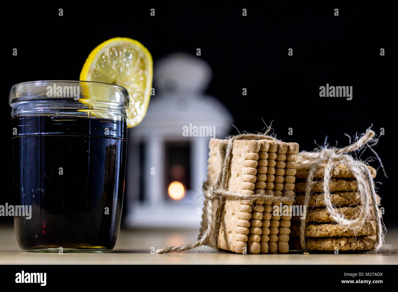 Cookies tied with a gray jute string into a bow. Cookies of sweets on a ...