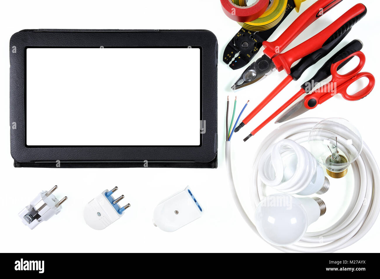 Close-up of tablet, work tools and components for a residential ...