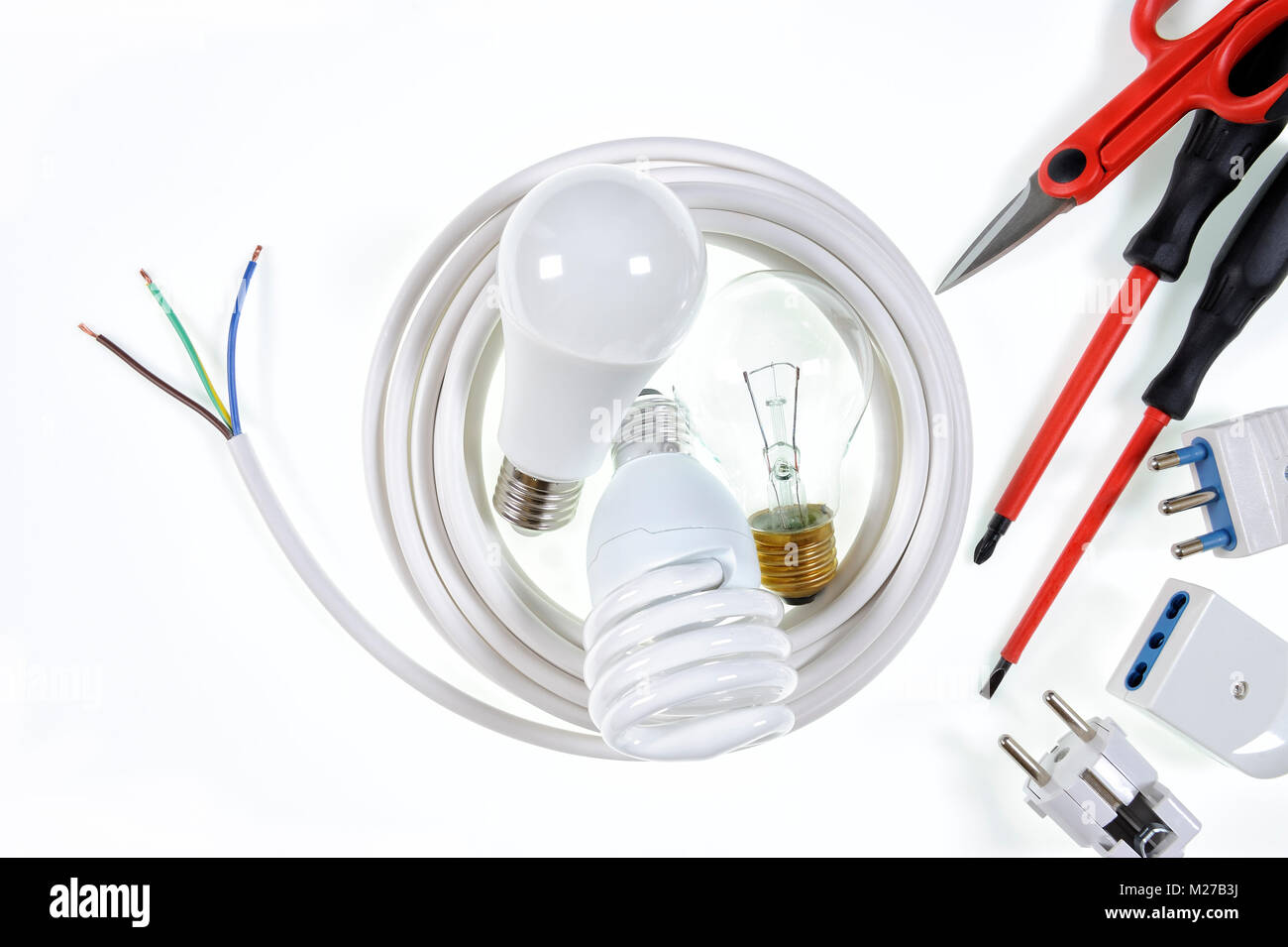 Close-up of work tools and components for a residential electrical ...