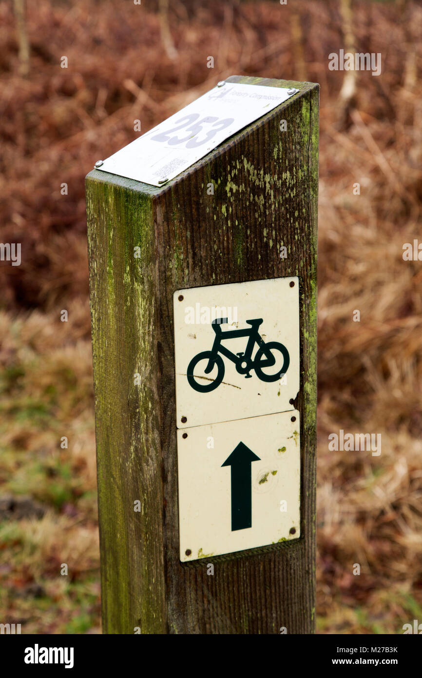 Sign marking a cycling trail in the New Forest, England. The forest has ...