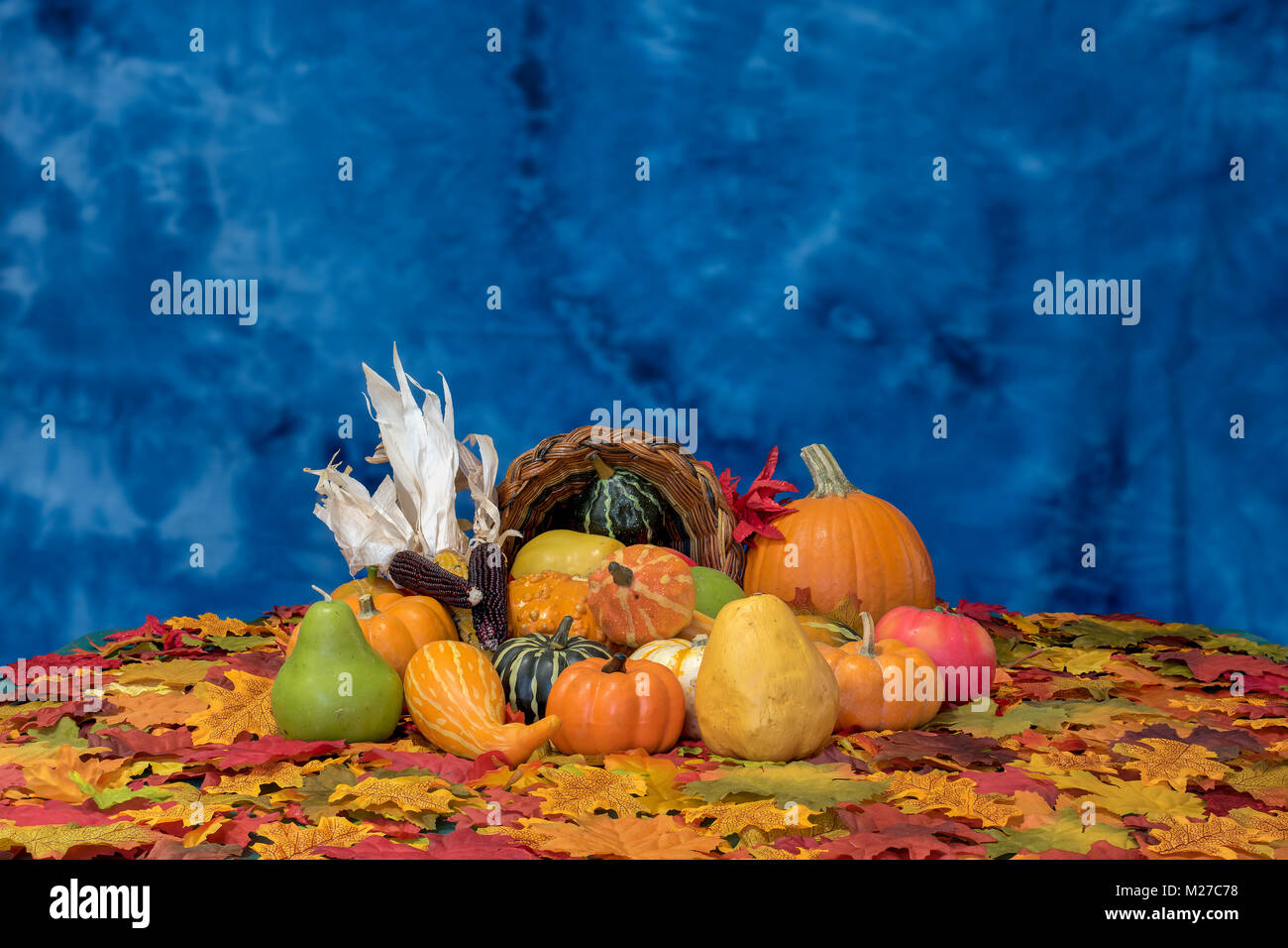 Harvest with blue background, colorful leaves cornucopia Stock Photo ...