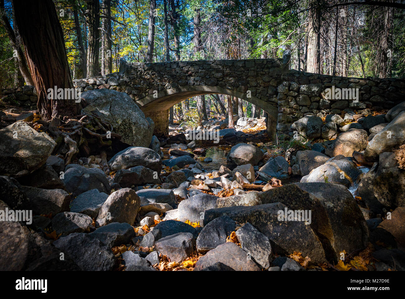 Wide Angle of a Stone Bridge over a forest stream in Yosemite National ...