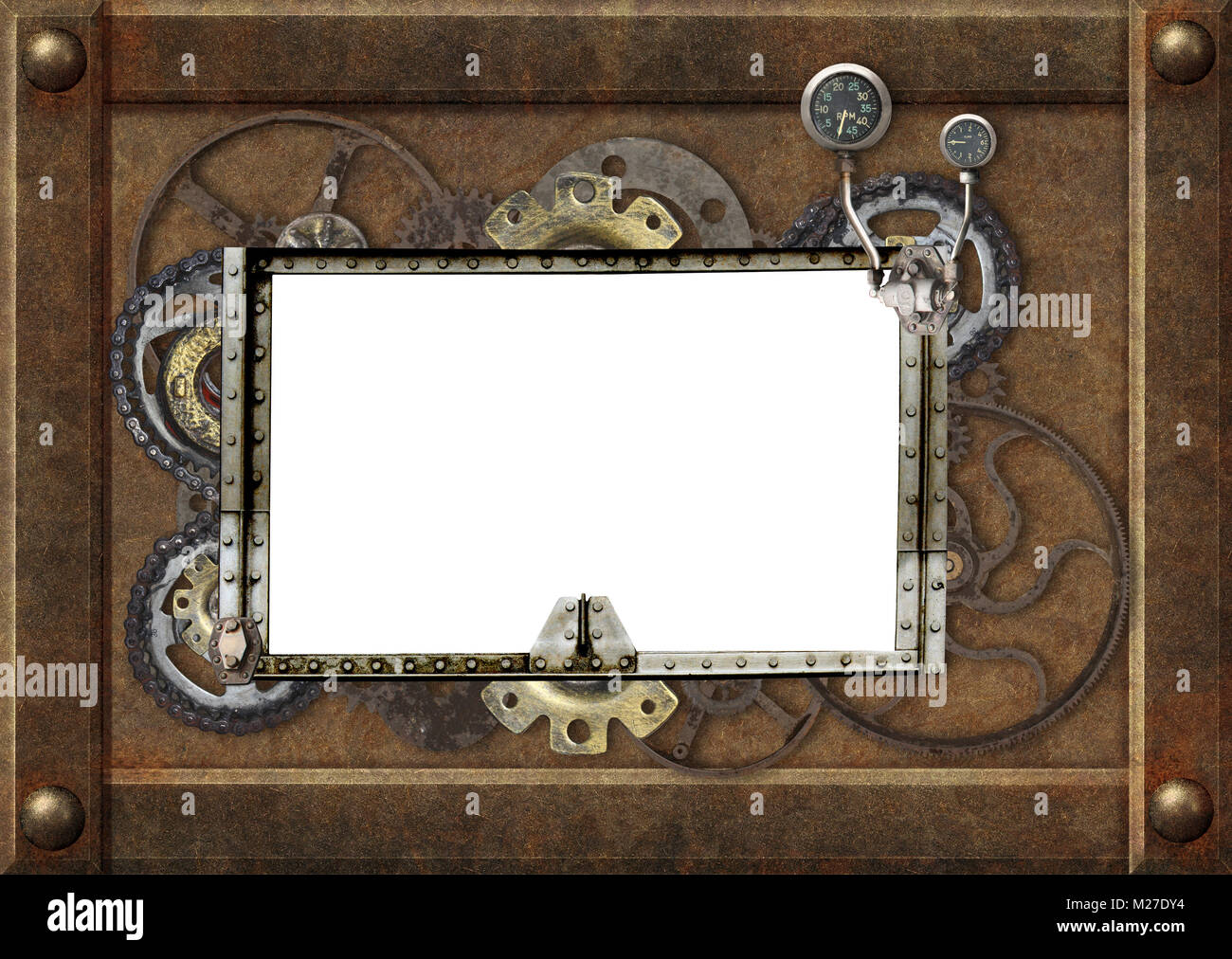 Grunge background with metallic frame with vintage machine gears and ...
