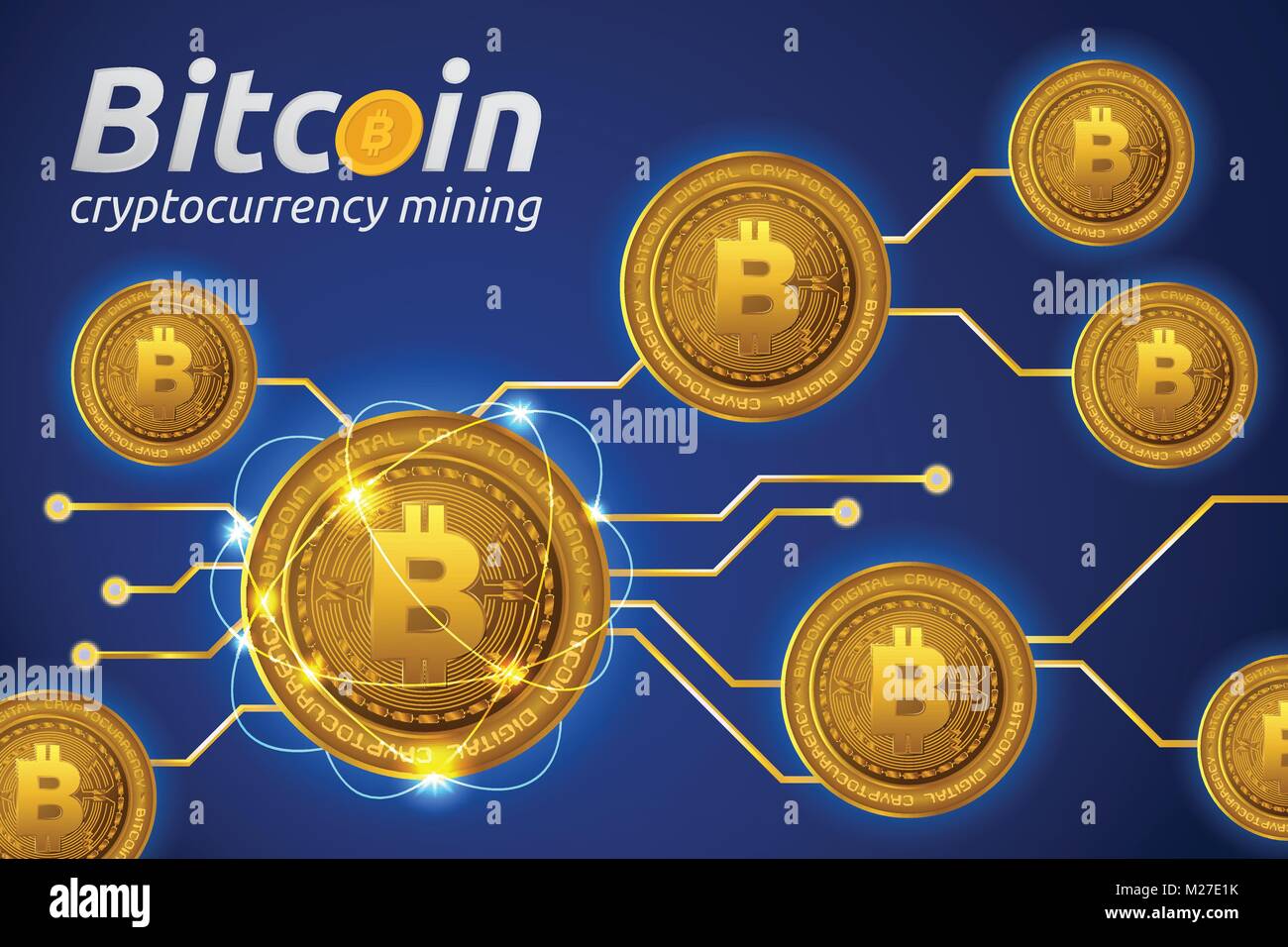 Golden Bitcoin in shining light effect on blue background. Blockchain ...