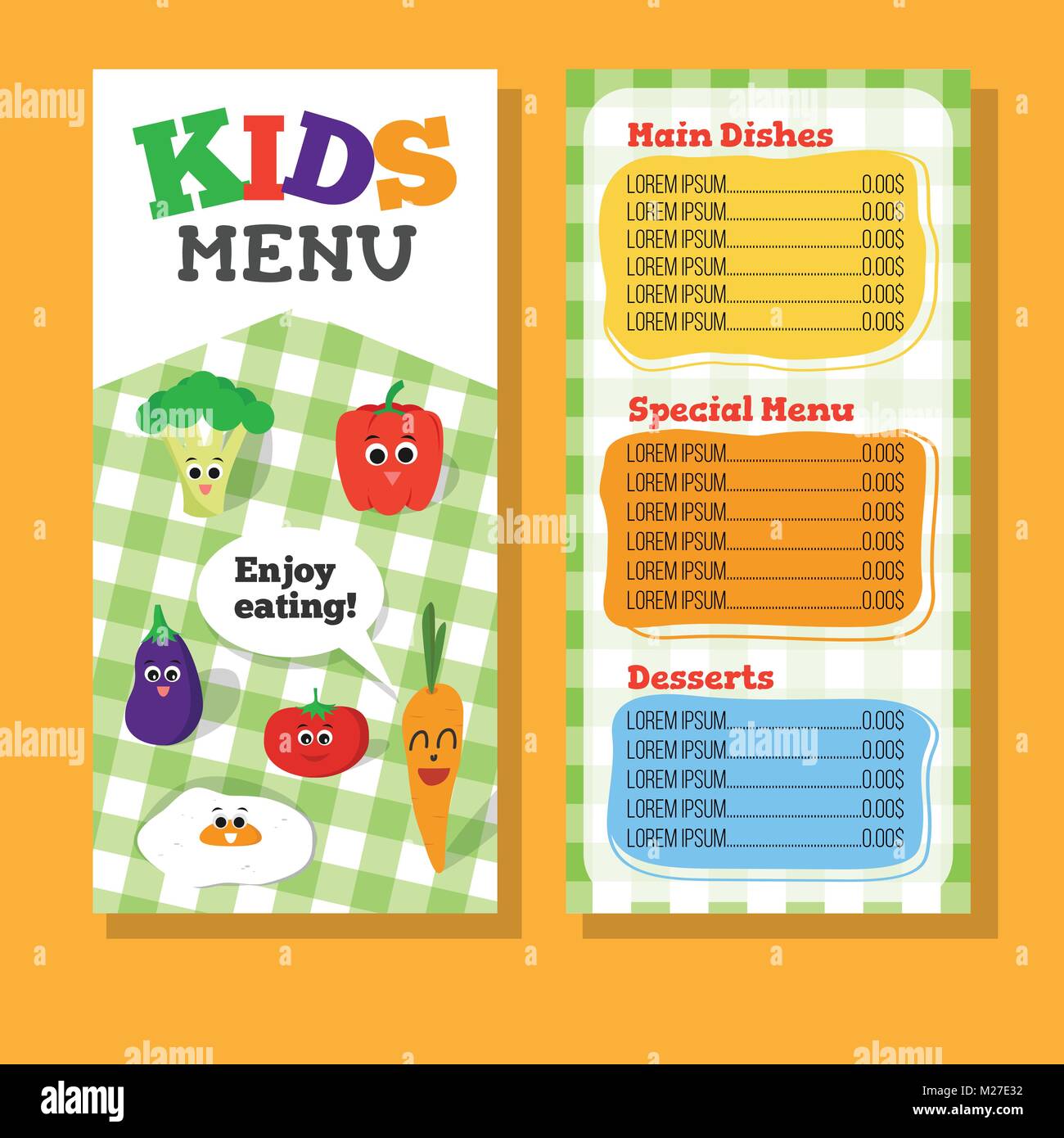 2 pages Kids menu design with vegetable for restaurant. Vector ...