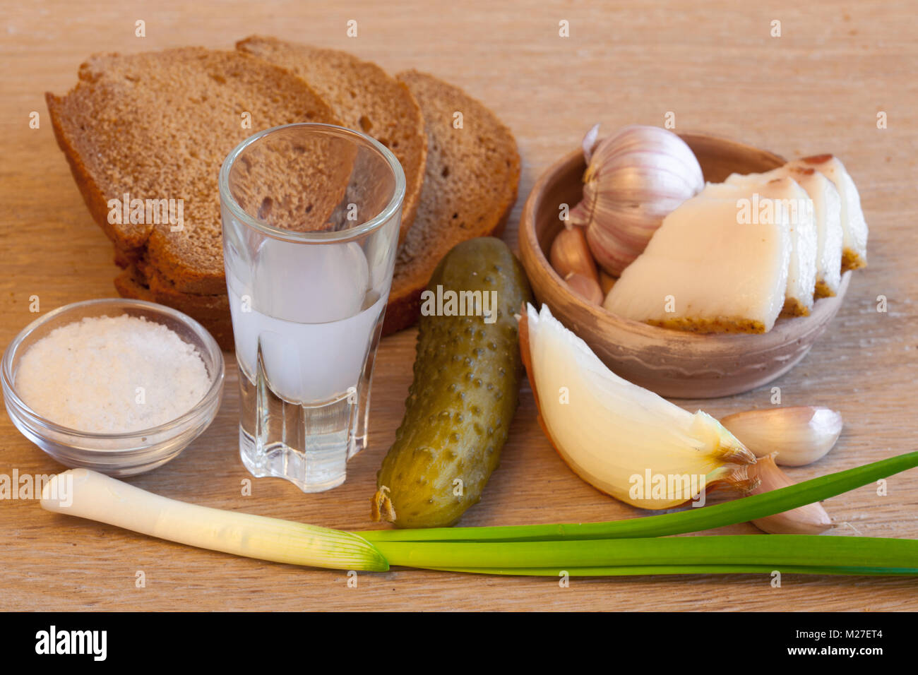 bread bacon and moonshine with onion lushy table for Russian Stock ...
