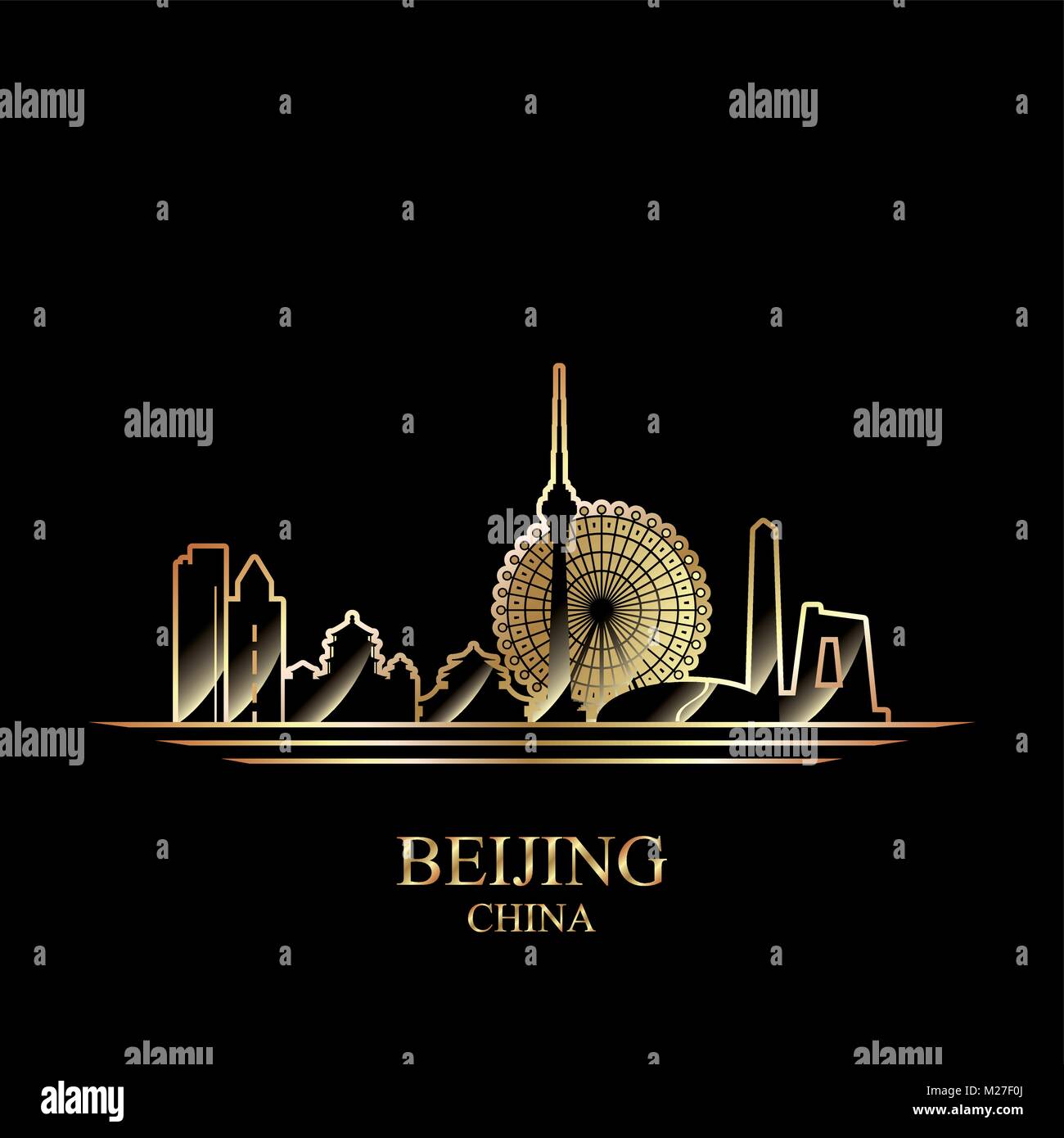 Gold silhouette of Beijing on black background, vector illustration ...