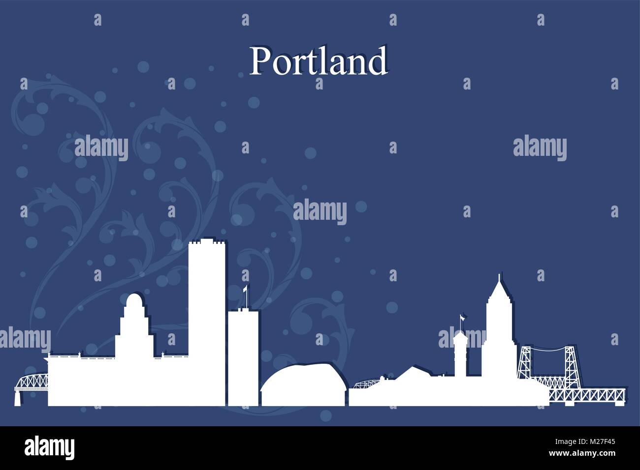 Portland city skyline silhouette on blue background, vector ...