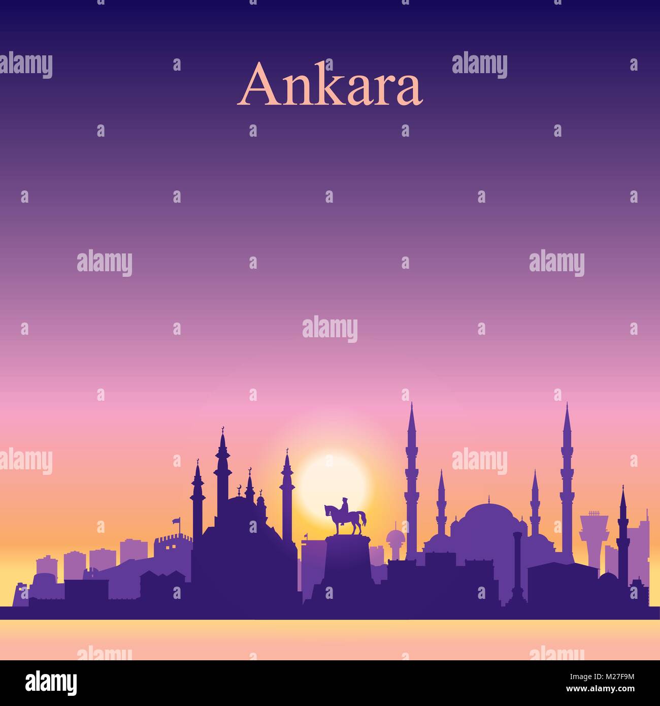 Ankara city skyline silhouette on sunset background, vector ...