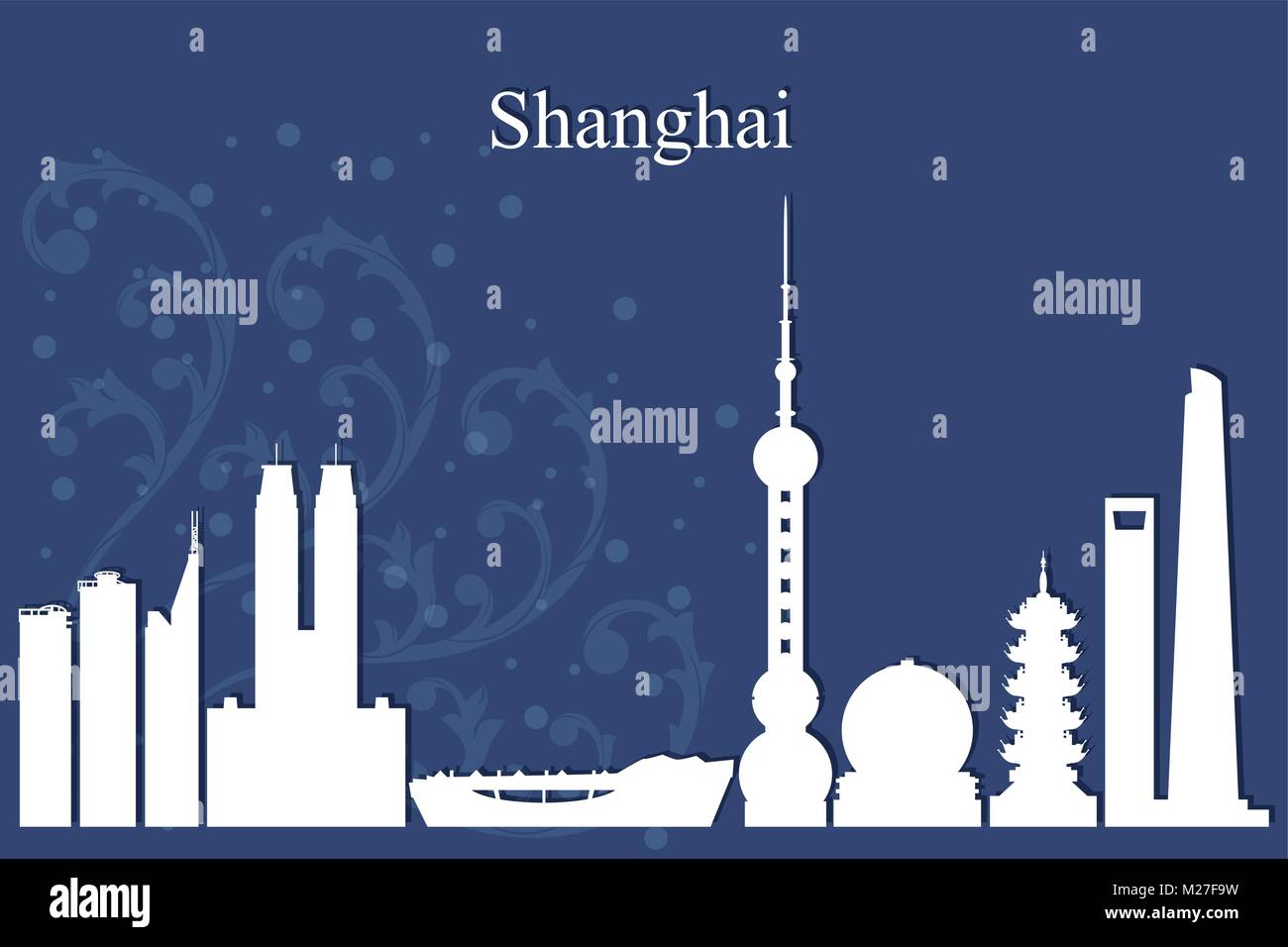 Shanghai city skyline silhouette on blue background, vector ...