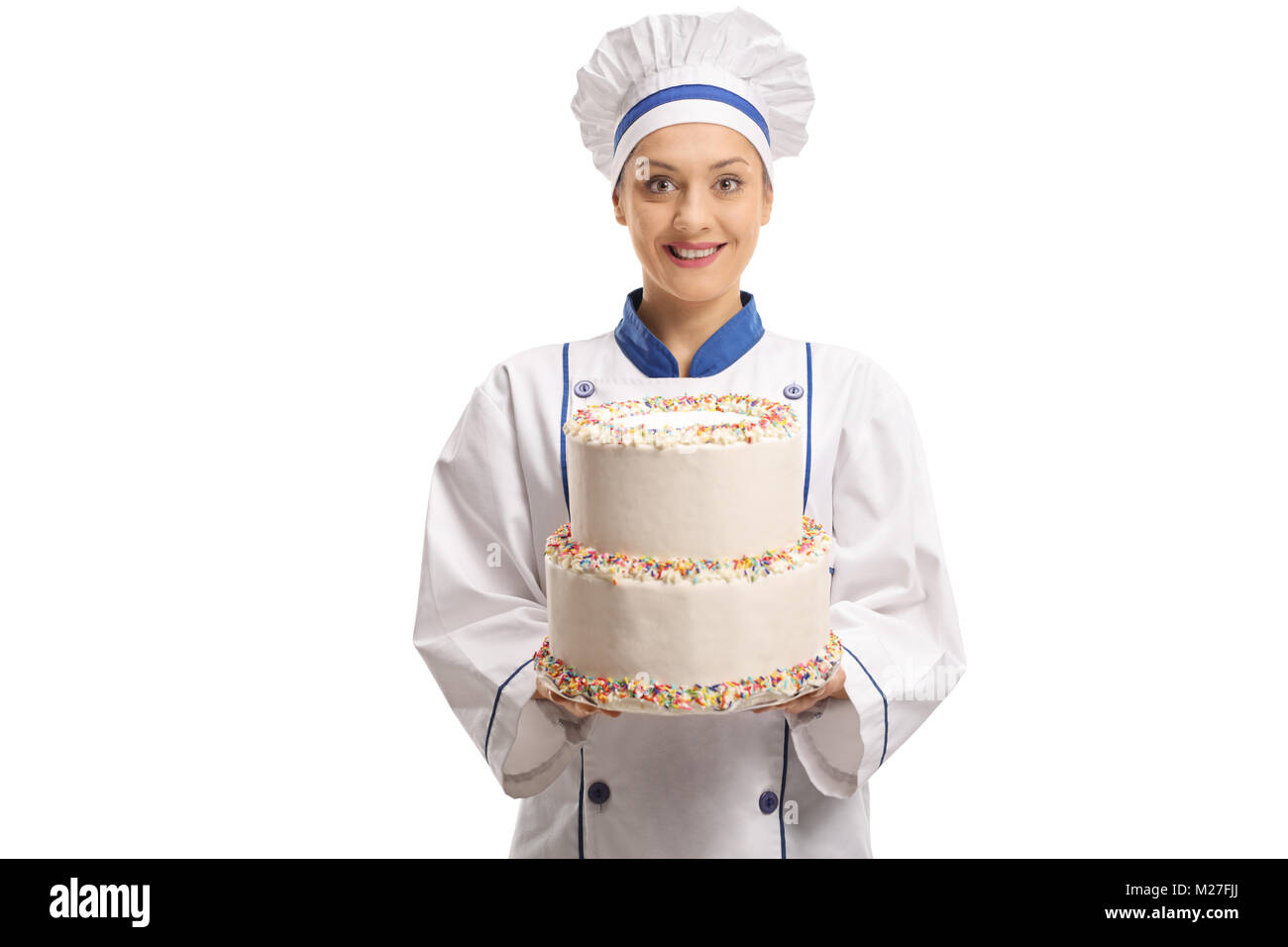 Female chef holding a cake isolated on white background Stock Photo - Alamy