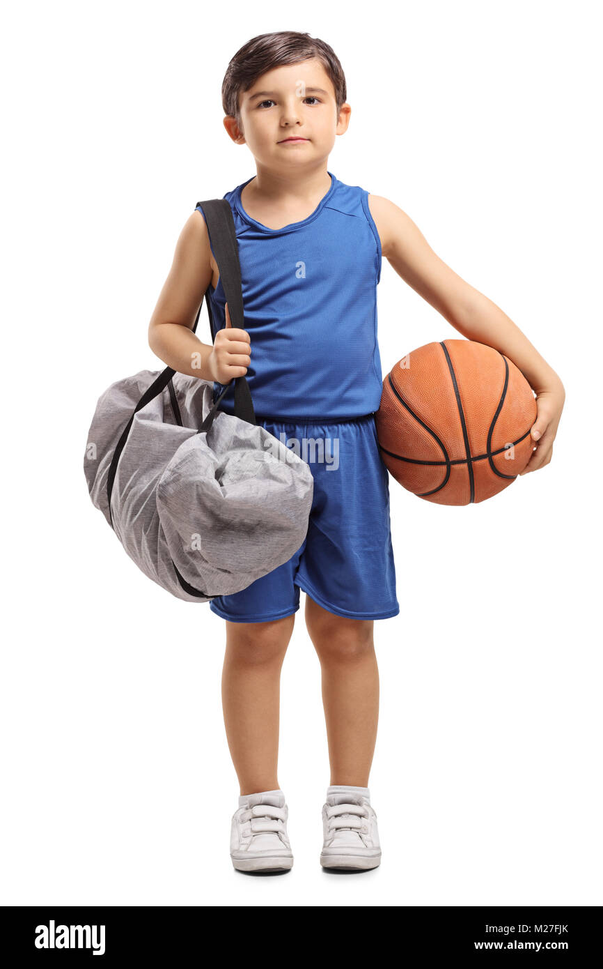 Full length portrait of a little basketball player holding a sports bag ...