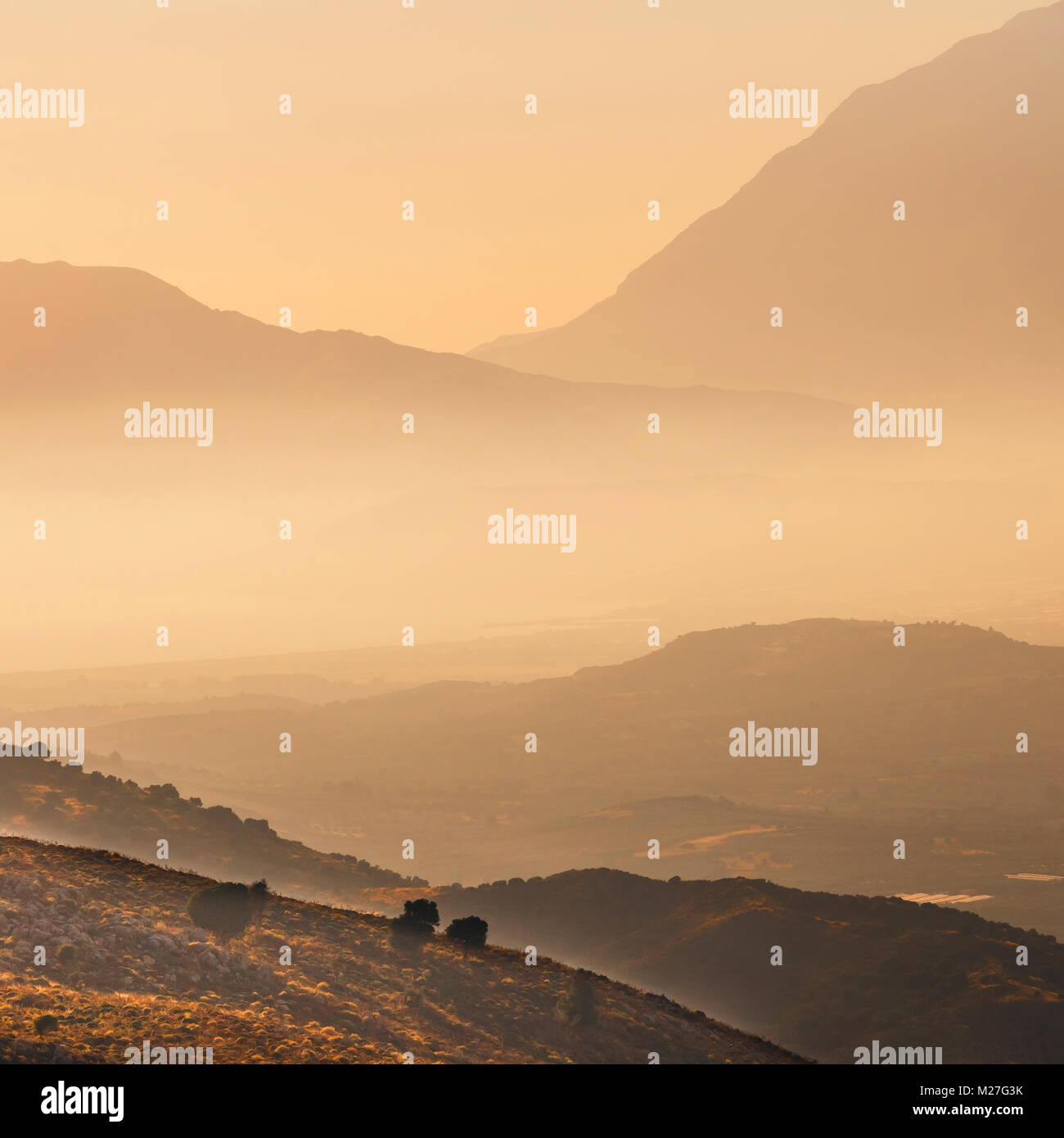 Beautiful sunset and silhouette of mountains at Crete island, Greece ...