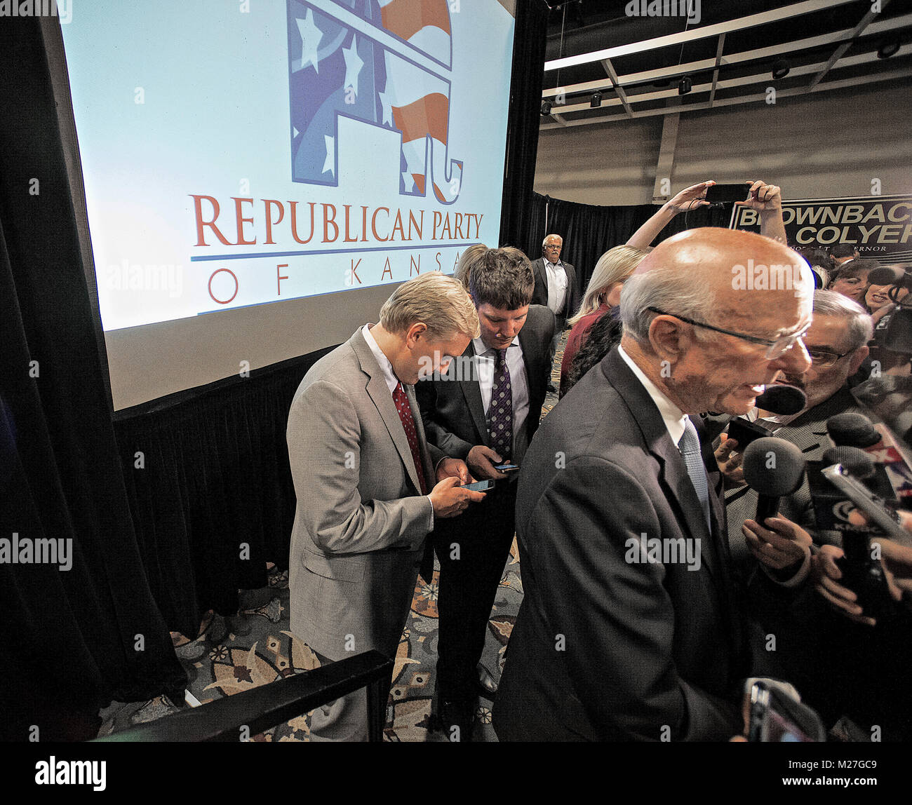 Topeka, Kansas, USA, 4th November, 2014 Senator Pat Roberts talks with ...