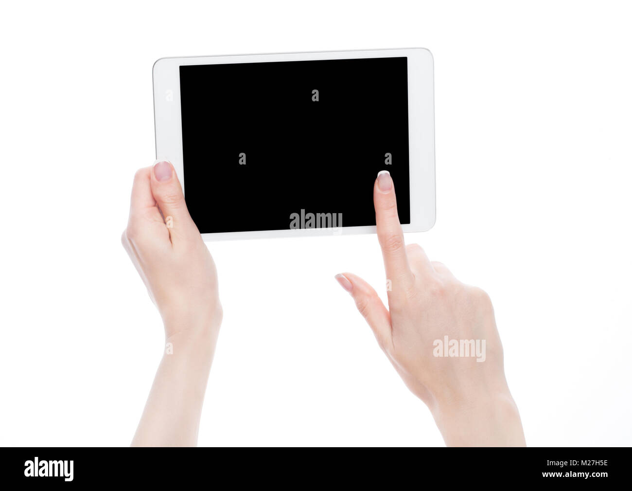 Female hands holding graphic tablet isolated on white background Stock ...