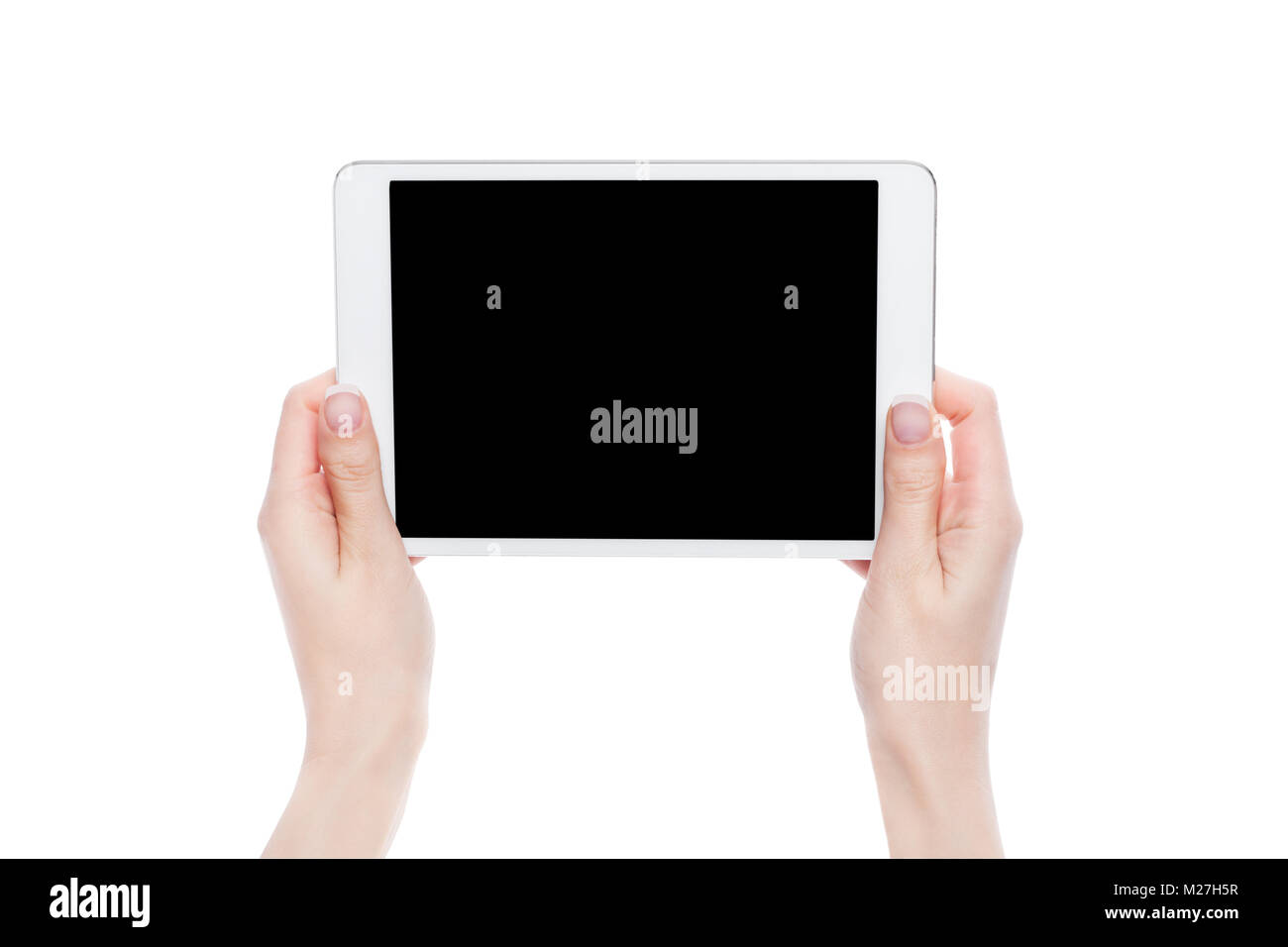 Female hands holding graphic tablet isolated on white background Stock ...