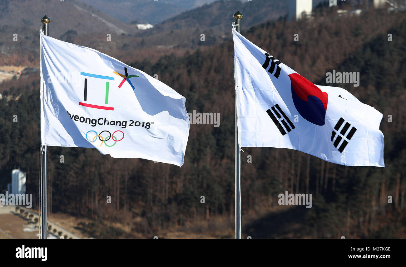 Olympic and Korean flags during a preview day at the Olympic Sliding ...