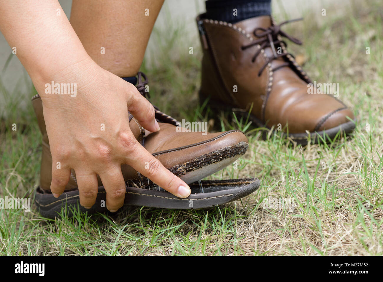 torn women shoe, closeup broken women leather shoe need to repair Stock ...