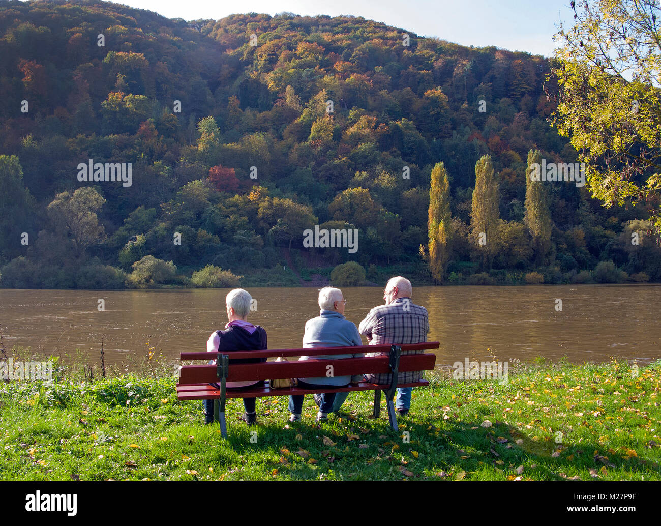 Eldery people sitting on a bench at riverside of Moselle river, Ediger ...