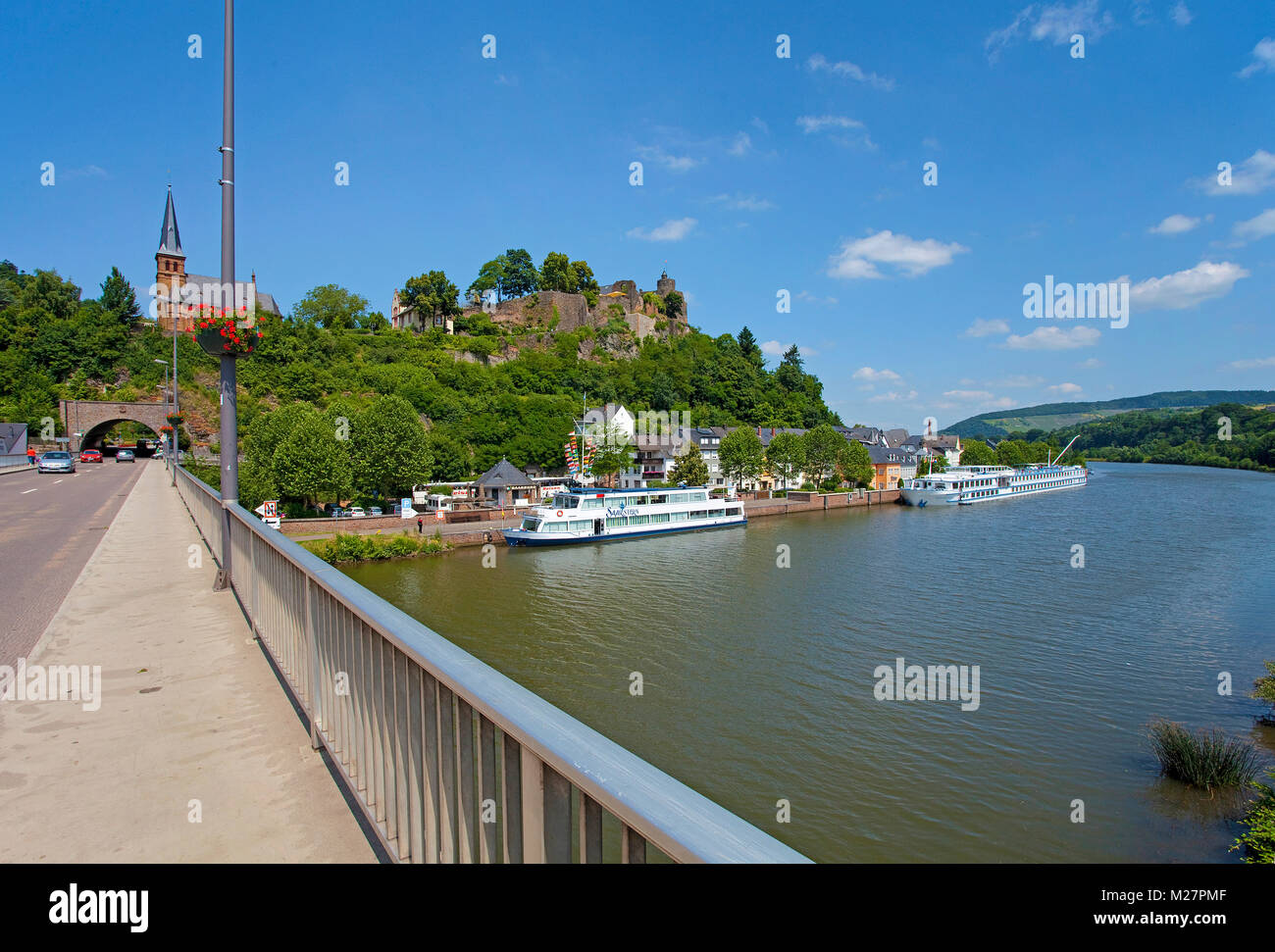 Bridge to the old town, excursion ship on Saar river, above the ...