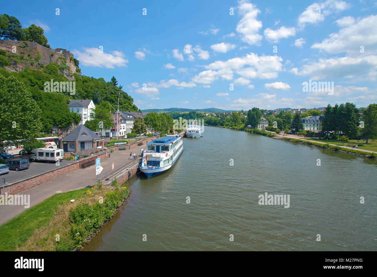 Excursion ship on Saar river, above the Saarburg castle, Saarburg at Saar river, Rhineland ...