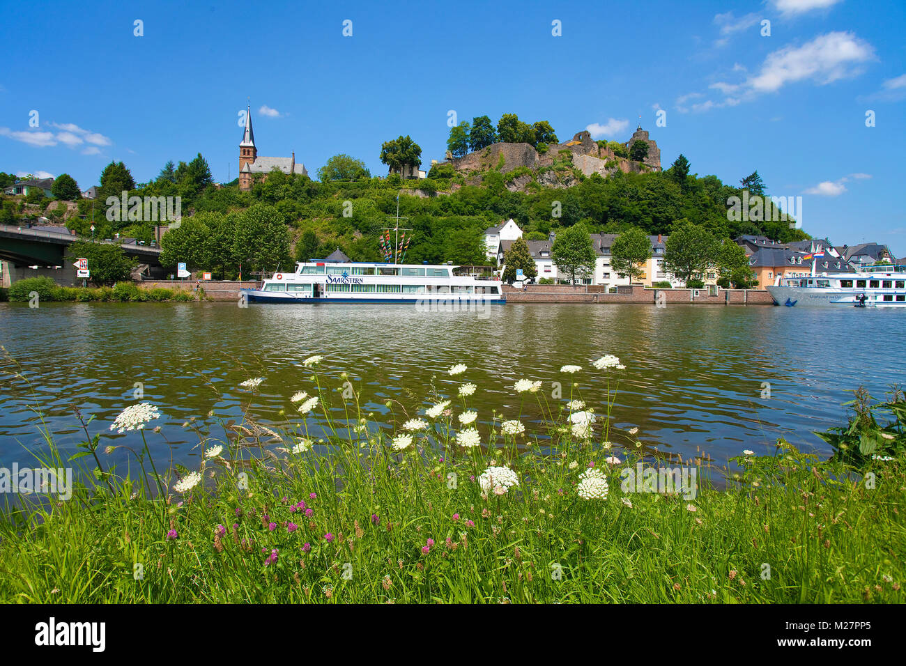Excursion ship on Saar river, above the Saarburg castle, Saarburg at ...