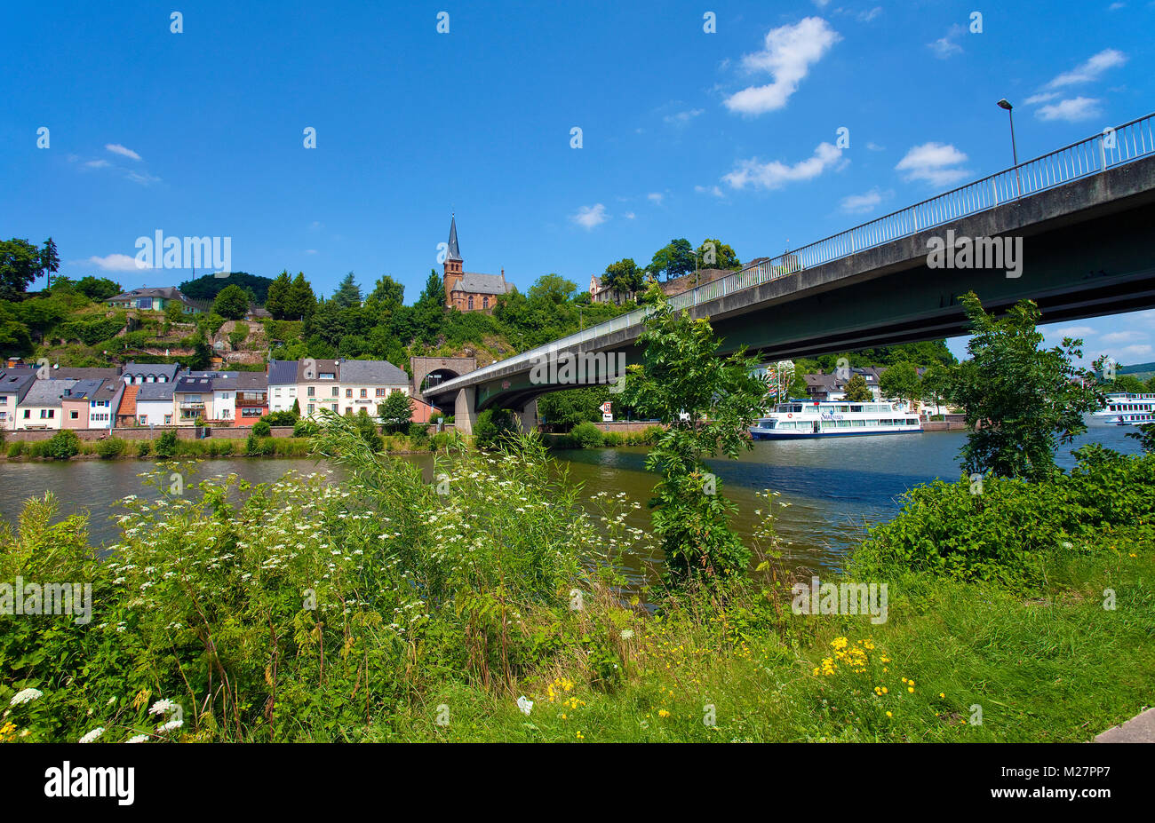 Bridge over Saar river to the old town of Saarburg at the Saar river ...