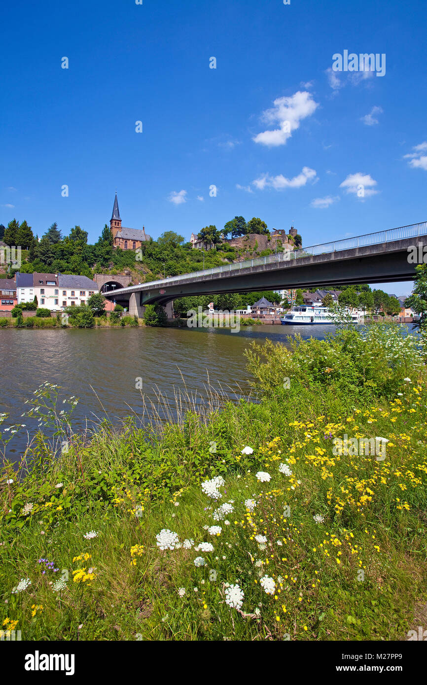 Bridge over Saar river to the old town of Saarburg at the Saar river ...