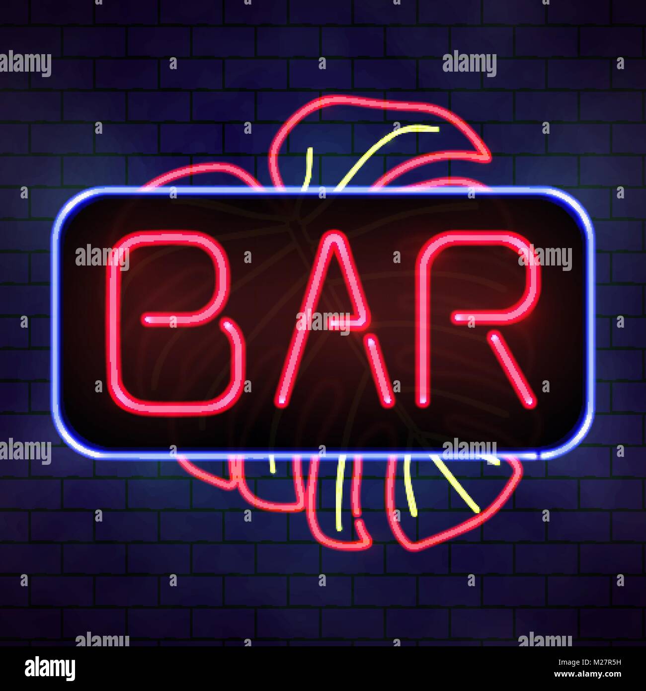 Neon bar sign. Glowing letters signboard and exotic leaf Stock Vector ...