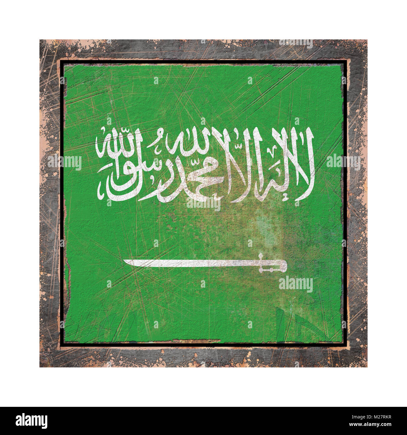 3d rendering of a Saudi Arabia flag over a rusty metallic plate wit a ...