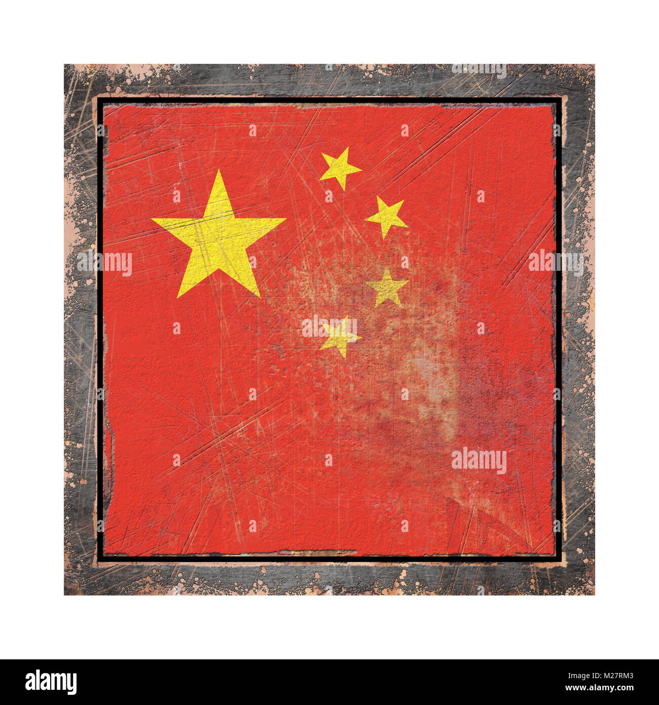 3d rendering of a China flag over a rusty metallic plate wit a rusty ...