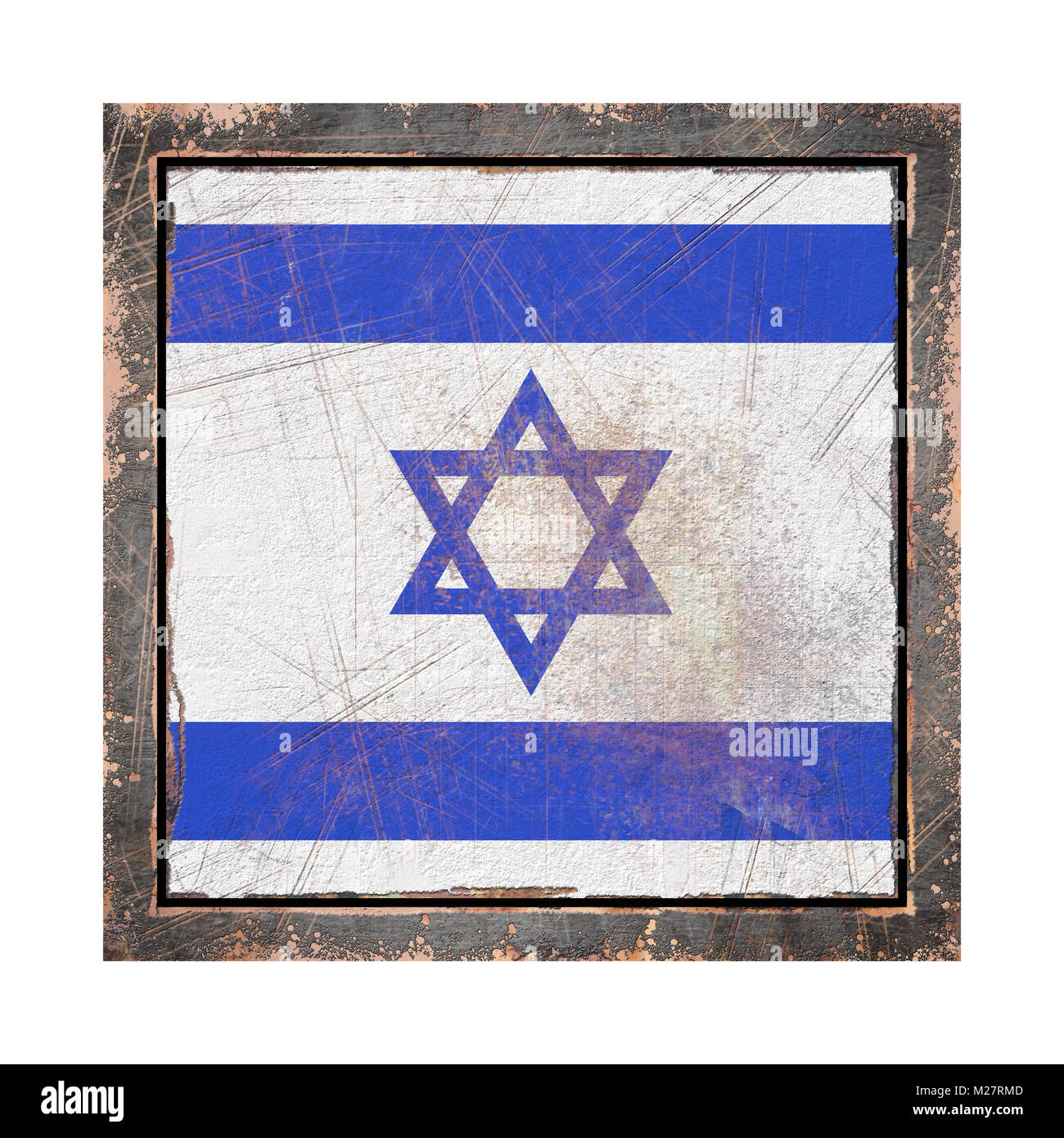 3d rendering of an Israel flag over a rusty metallic plate wit a rusty ...